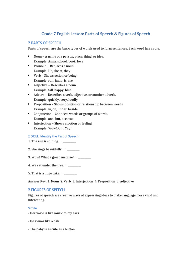 Parts of Speech & Figures of Speech Key | PDF