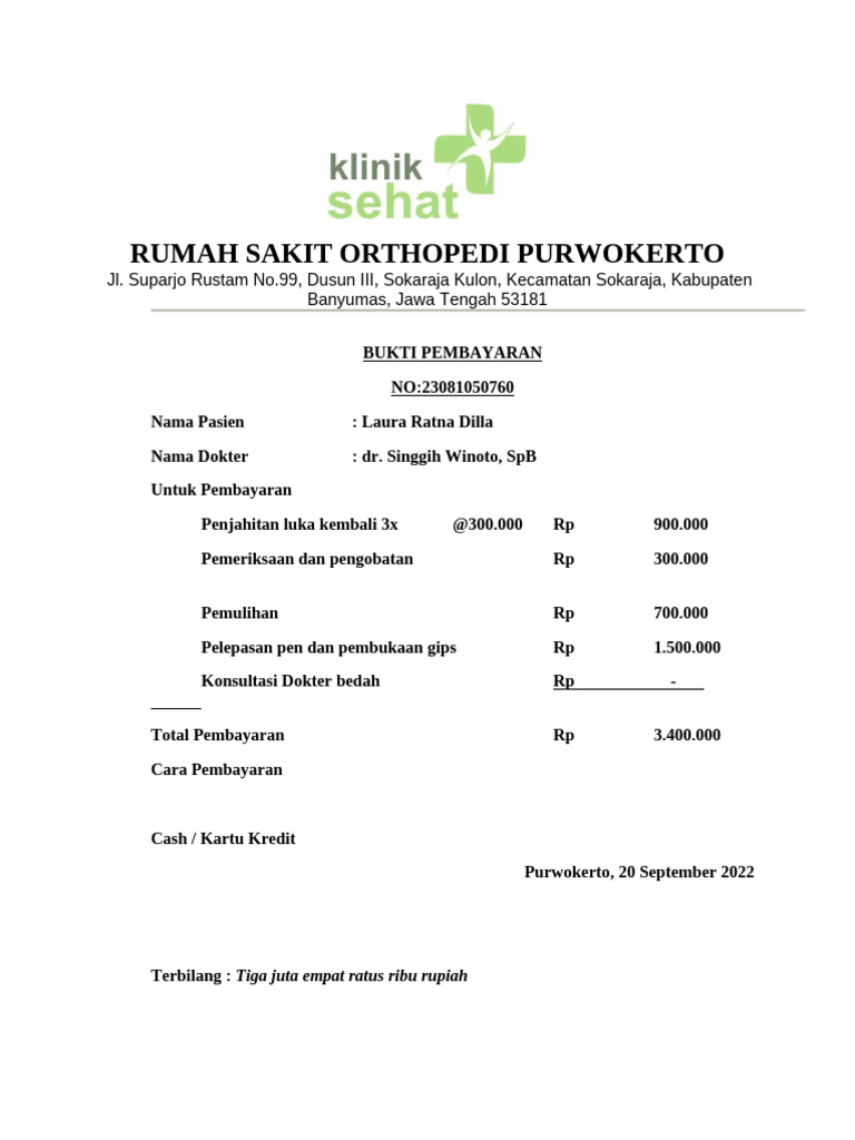 Nota Pembayaran Pelepasan Gips Orthopedi - Laura Ratna Dilla | PDF