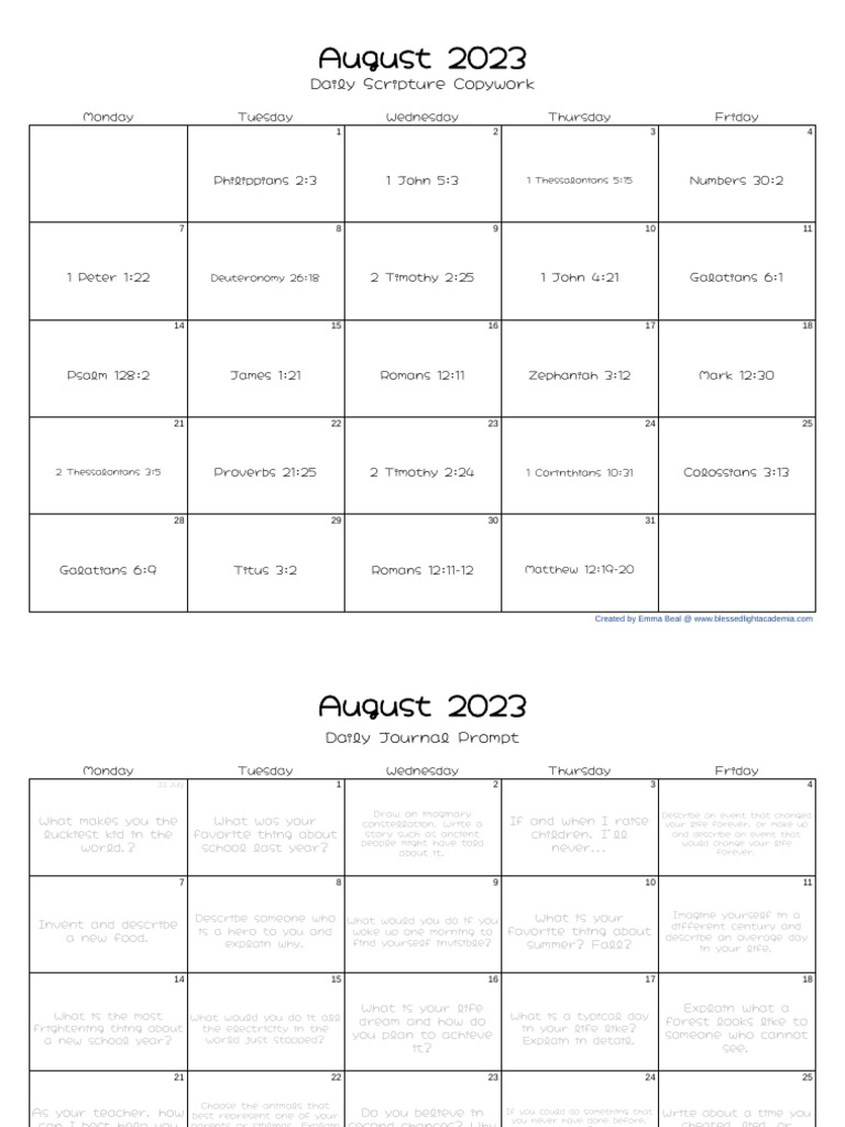 2023 08 Monthly Scripture Copywork & Journal Prompts | PDF | Canonical ...