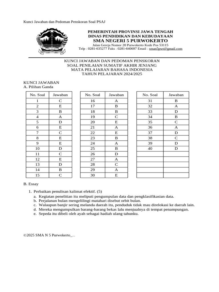 Kunci Dan Penskoran Bahasa Indonesia - Psaj 2024-2025 | PDF