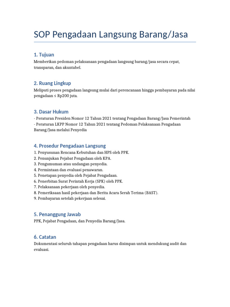 SOP Pengadaan Langsung Barang Dan Jasa | PDF