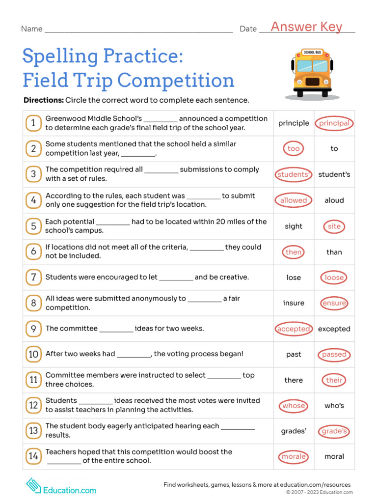 Answer Spelling Practice Field Trip Competition | PDF
