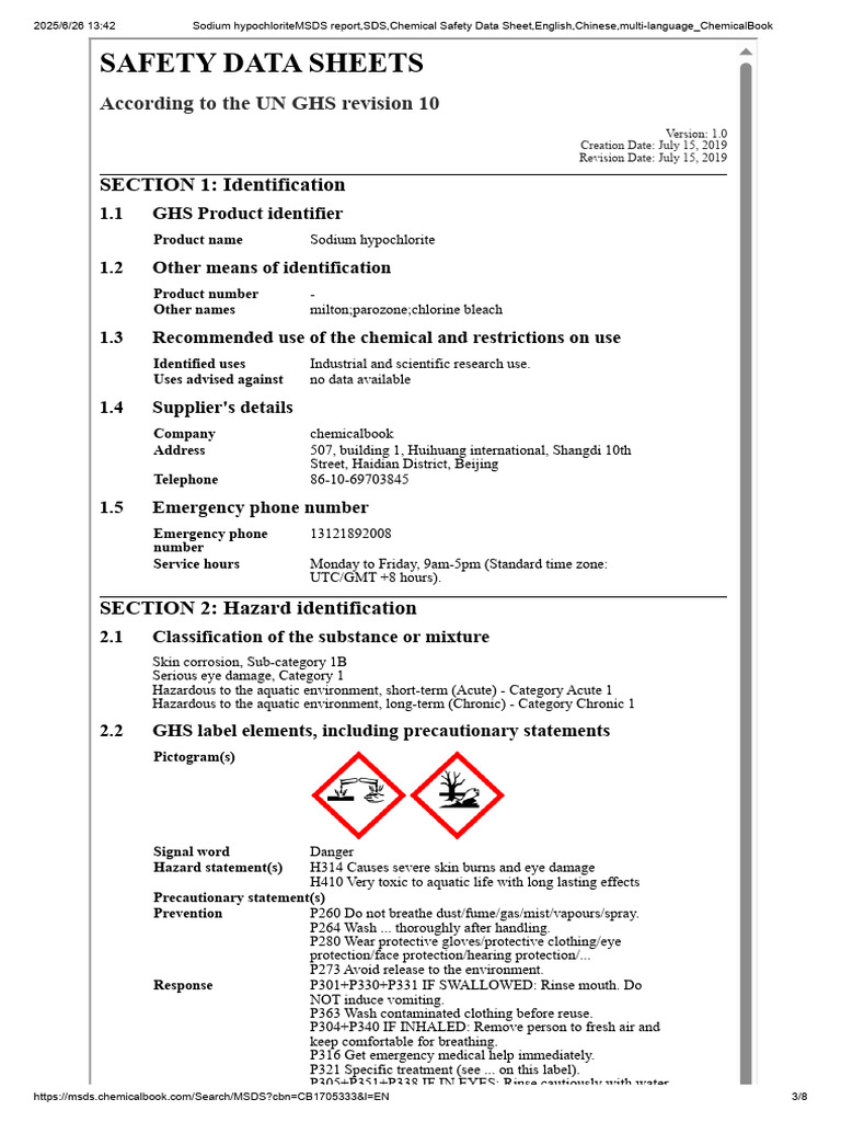 Sodium HypochloriteMSDS Report, SDS, Chemical Safety Data Sheet ...