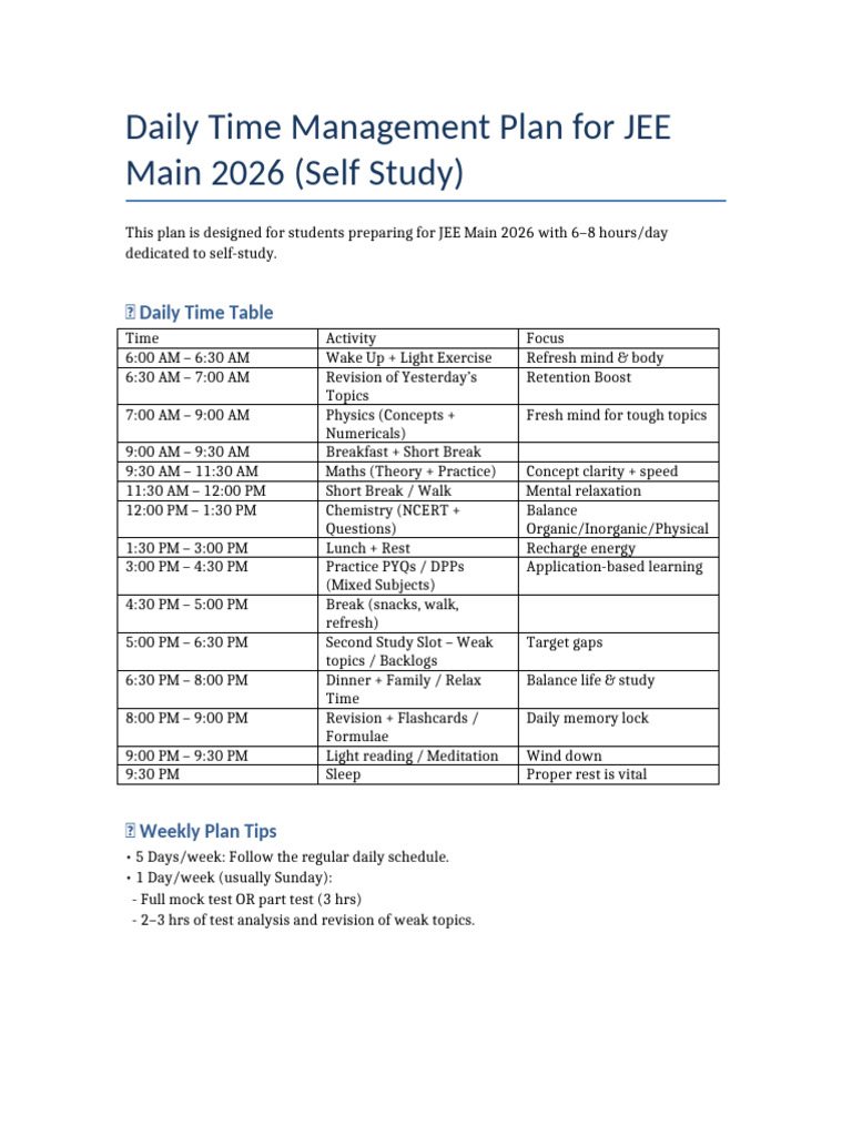 JEE 2026 Daily Time Management Self Study | PDF