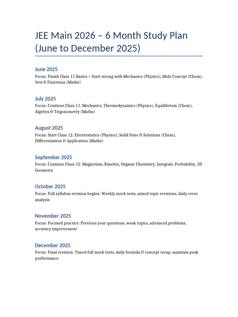 JEE Main 2026: 6-Month Study Plan | PDF