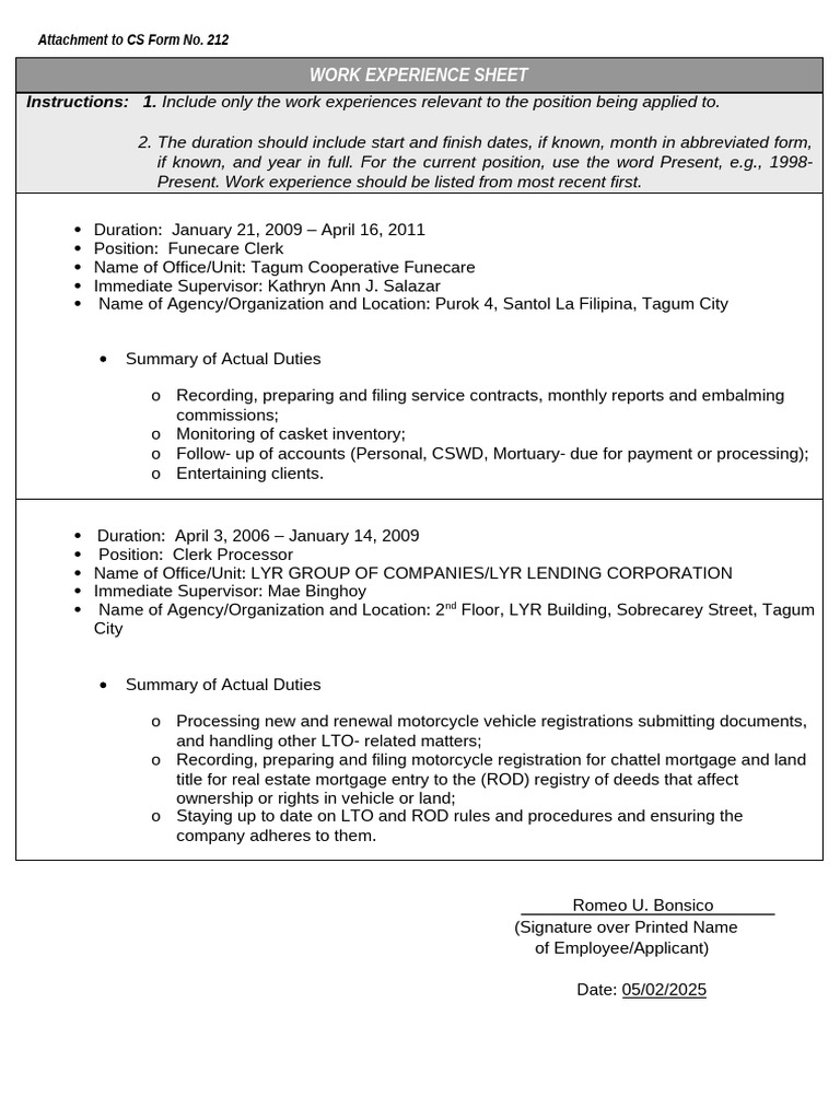 Funecare Clerk Work Experience Summary | PDF