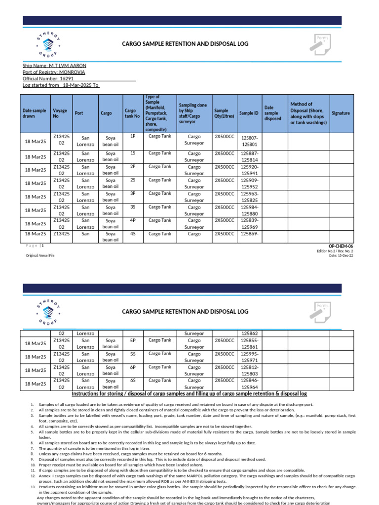 OP - CHEM - 06 Cargo Sample Log Z1342502 | PDF | Shipping