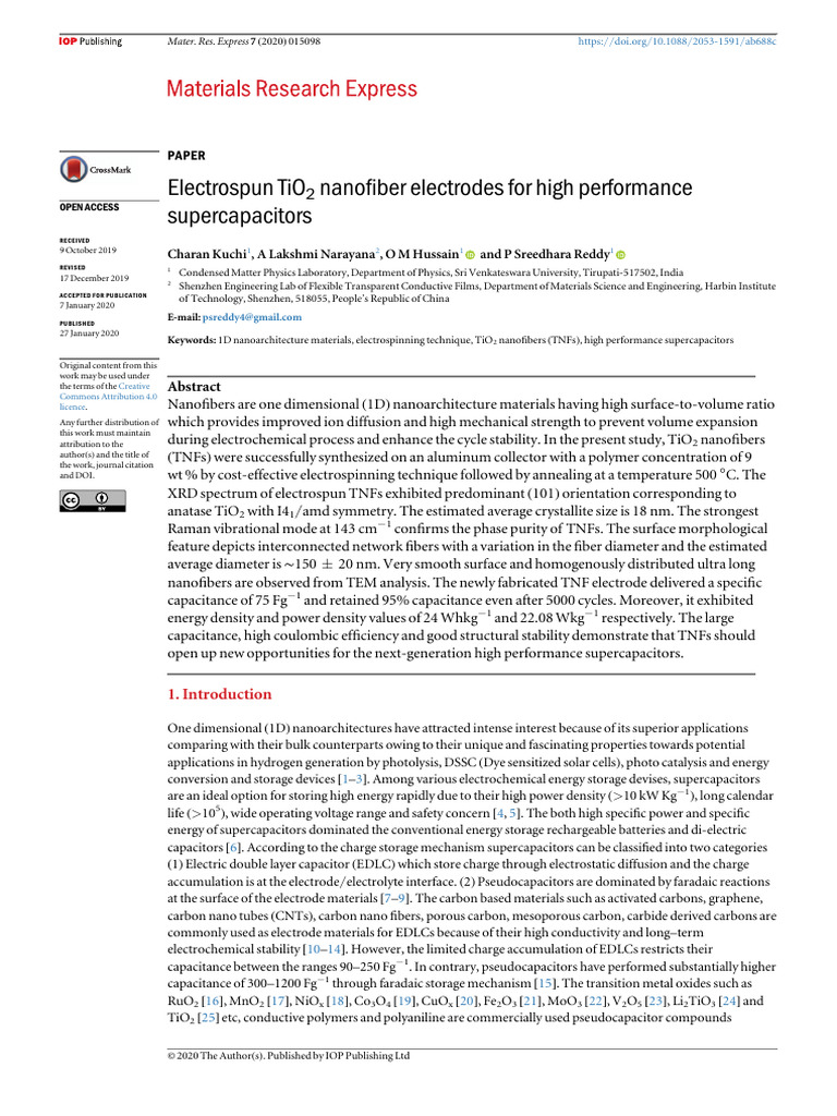 Electrospun TiO2 Nanofiber Electrodes For High Per | PDF | Materials ...