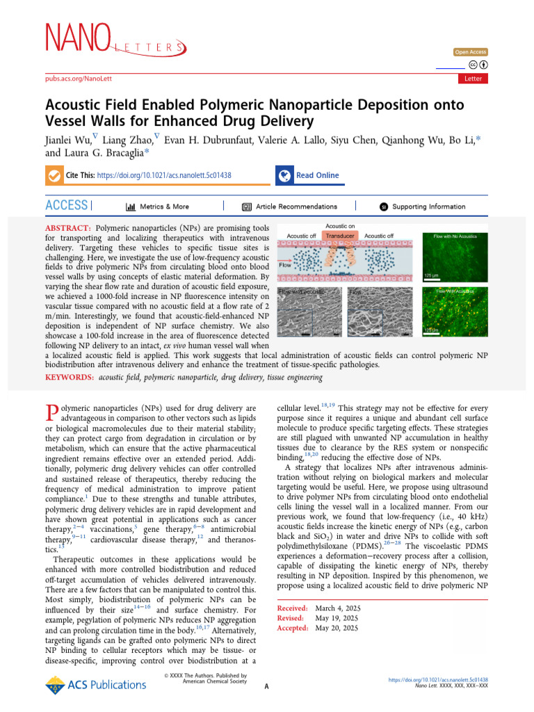 Wu Et Al 2025 Acoustic Field Enabled Polymeric Nanoparticle Deposition Onto Vessel Walls For ...