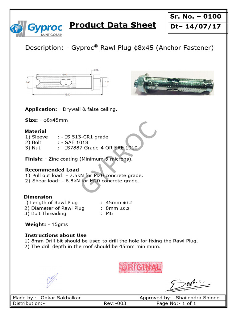 Gyproc® Rawl Plug ɸ8x45 Specifications | PDF
