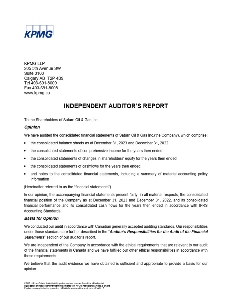 KPMG Auditor's Report for Saturn Oil & Gas | PDF | Fair Value | Going ...