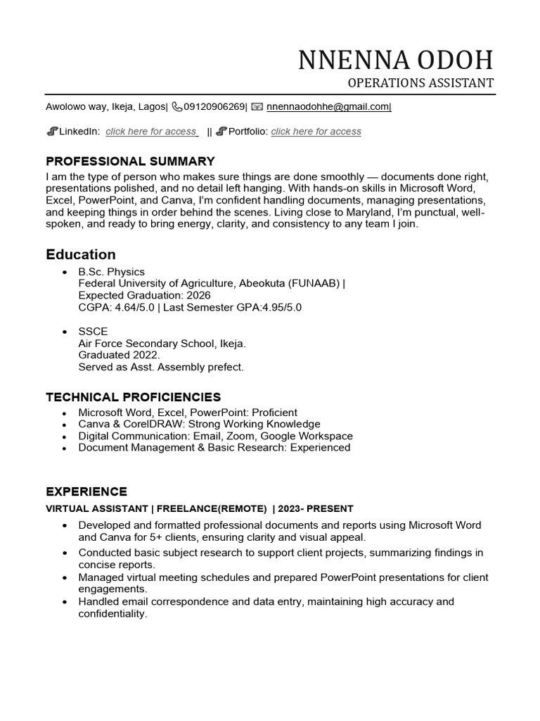 Odoh - Nnenna - Operations - Assistant - CV | PDF | Microsoft Power Point | Microsoft Excel