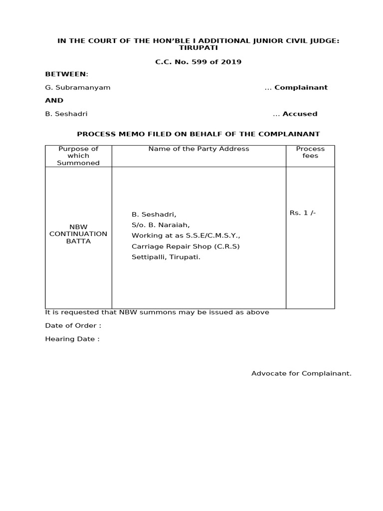 NBW Process Memo in C.C. No. 599/2019 | PDF