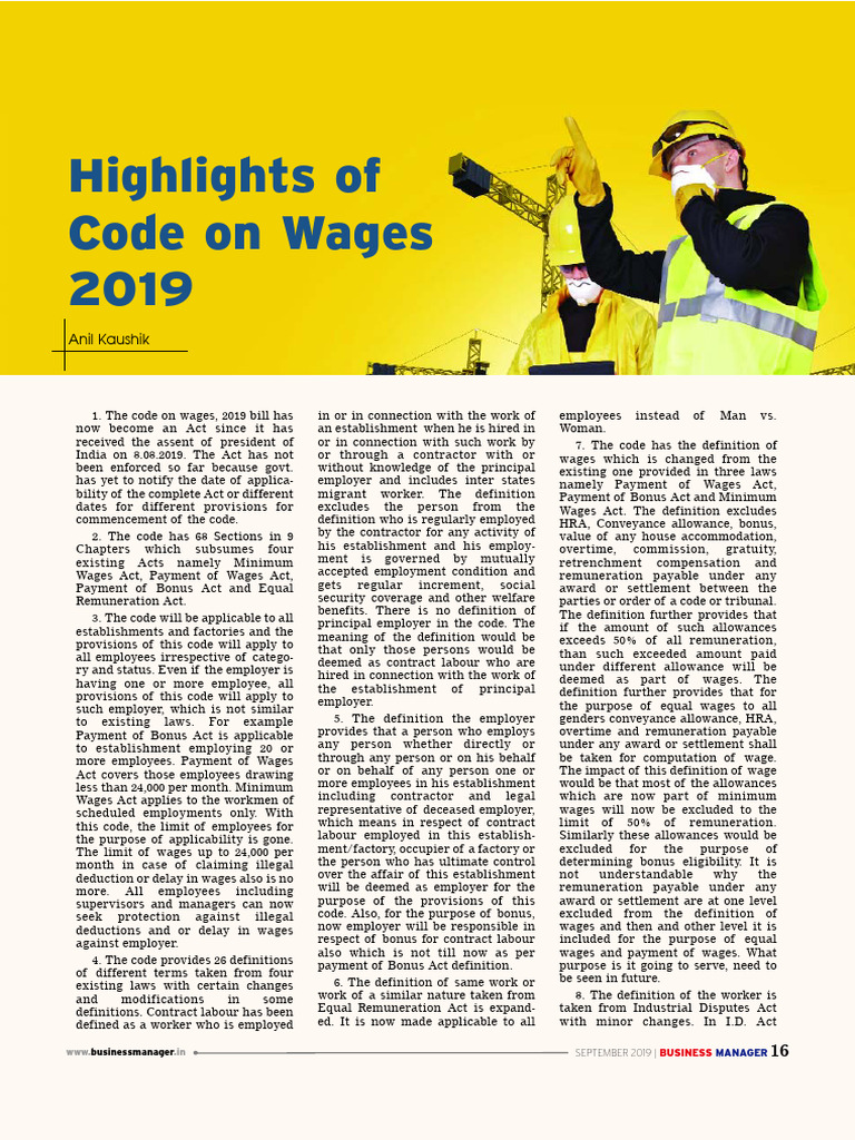 Highlights of Code On Wages 2019 | PDF | Employment | Wage