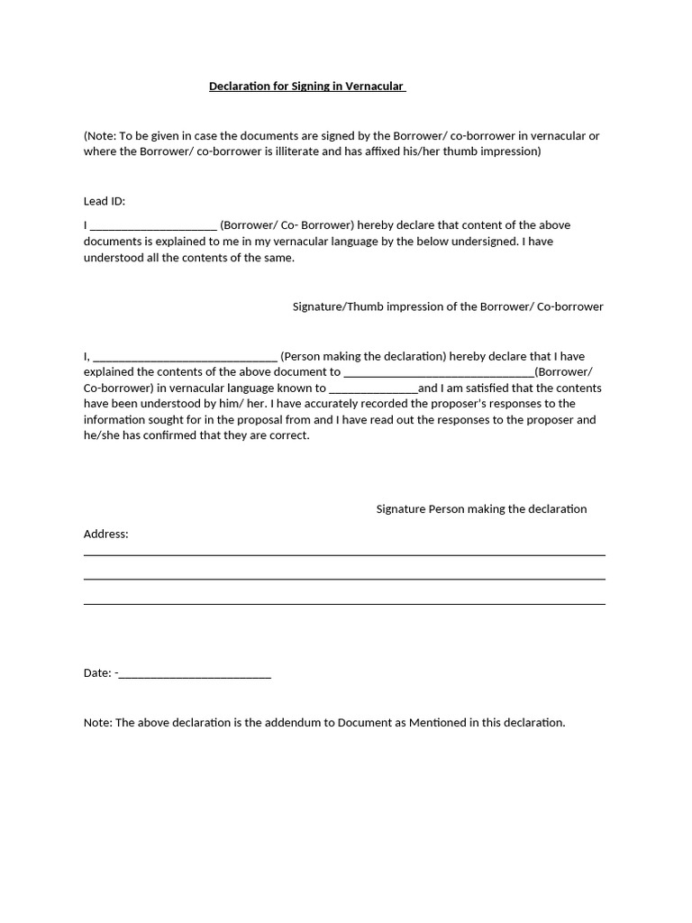 Declaration For Signing in Vernacular | PDF