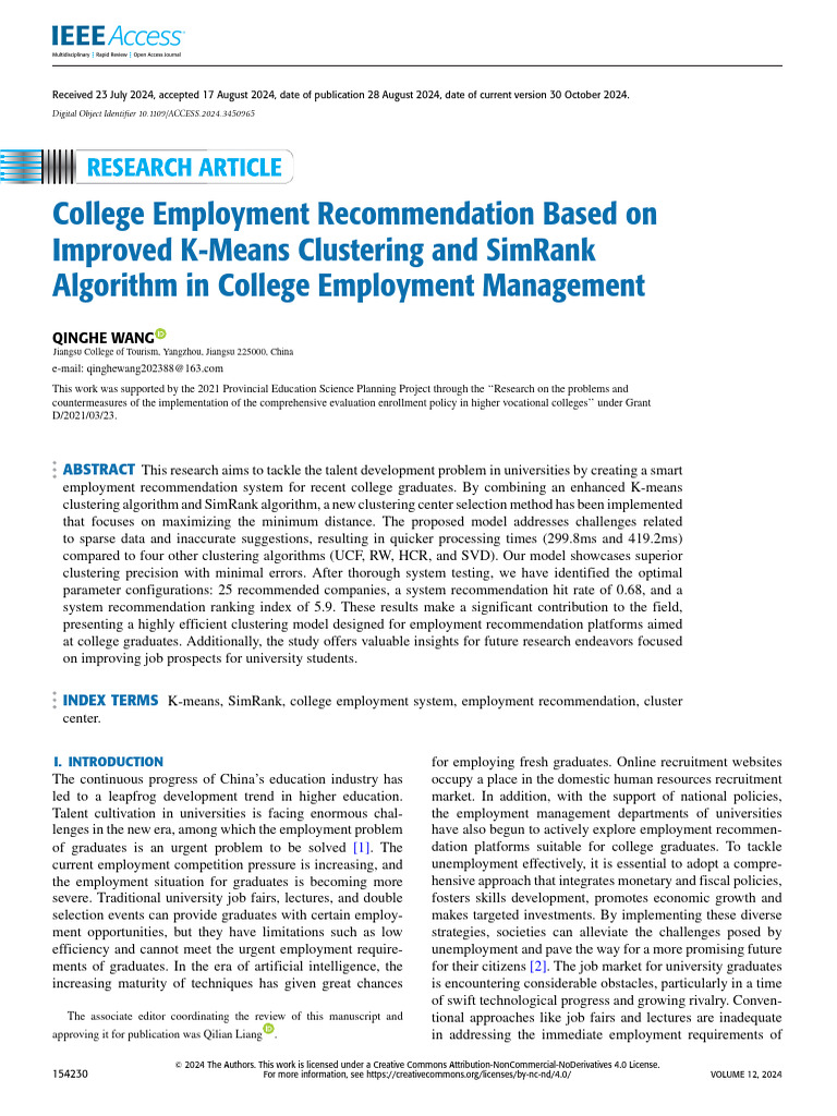 College Employment Recommendation Based On Improved K-Means Clustering and SimRank Algorithm in ...