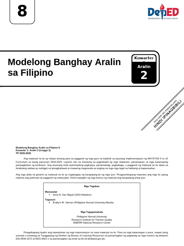 Q1 LE Filipino 8 Lesson 2 Week 2 | PDF