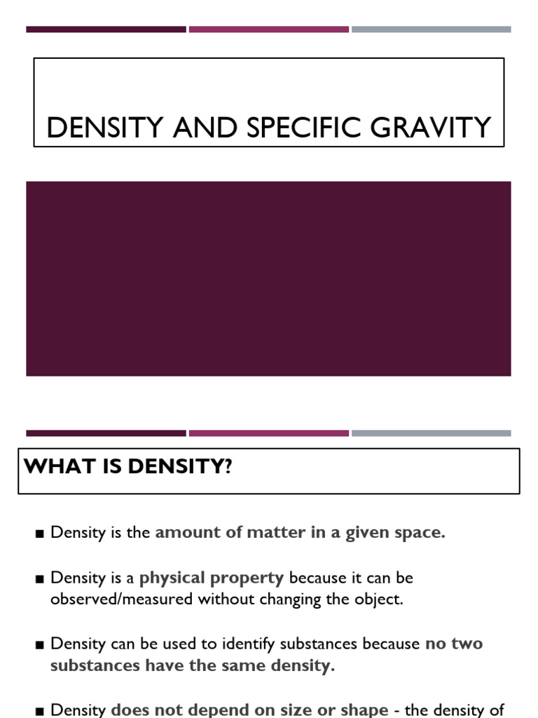 Density and Specific Gravity Explained | PDF | Density | Volume