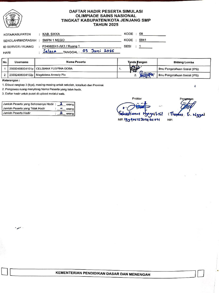 Daftar Hadir Simulasi OSN | PDF