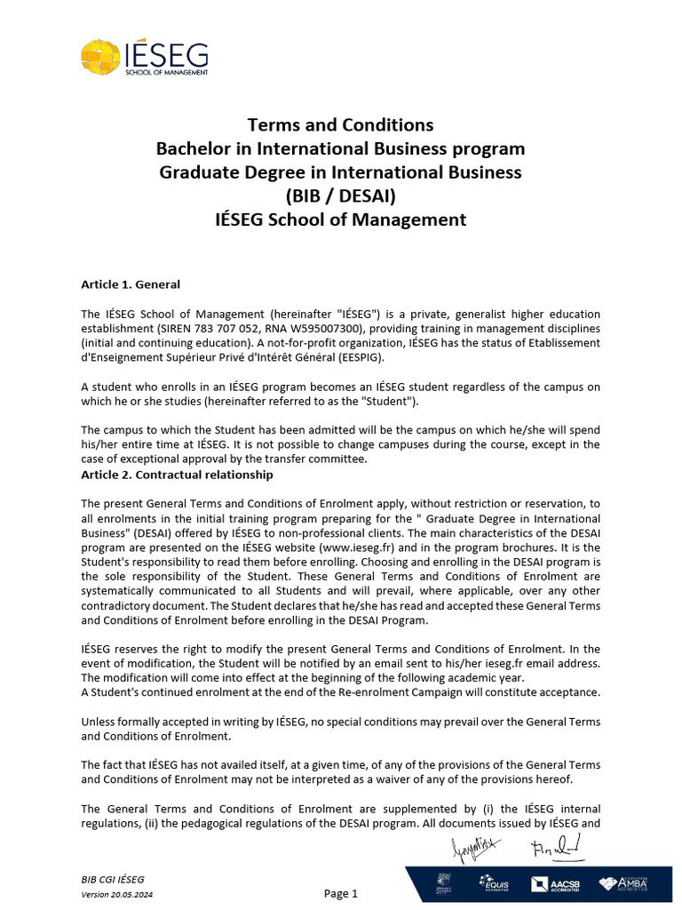IÉSEG DESAI Program Enrollment Terms | PDF | Payments | Debit Card