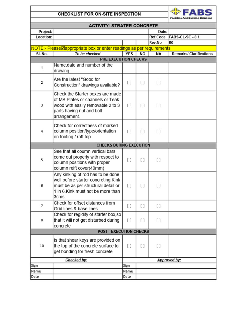 Fabs Starter Concrete Checklist | PDF