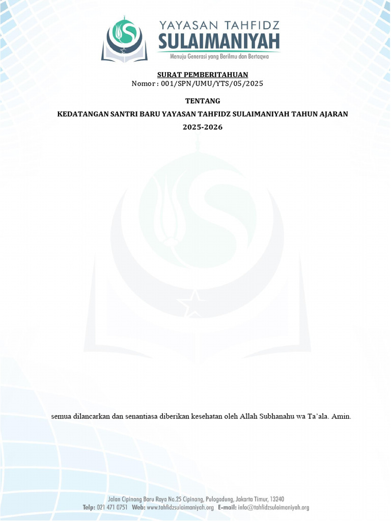 Ek-1 Surat Pemberitahuan Kedatangan Santri Tahun Ajaran 2025-2026 | PDF
