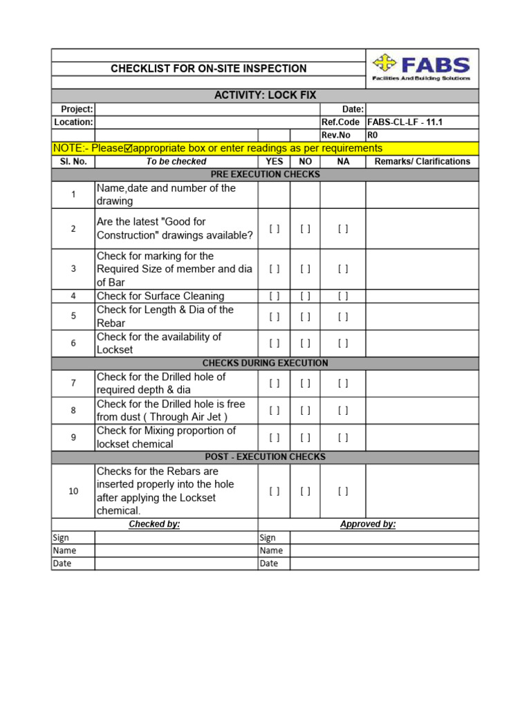 Fabs Lock Fix Checklist | PDF
