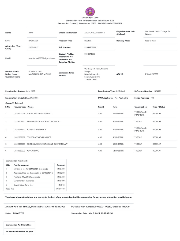 Delhi University June 2025 Exam Form | PDF | Payments | Business