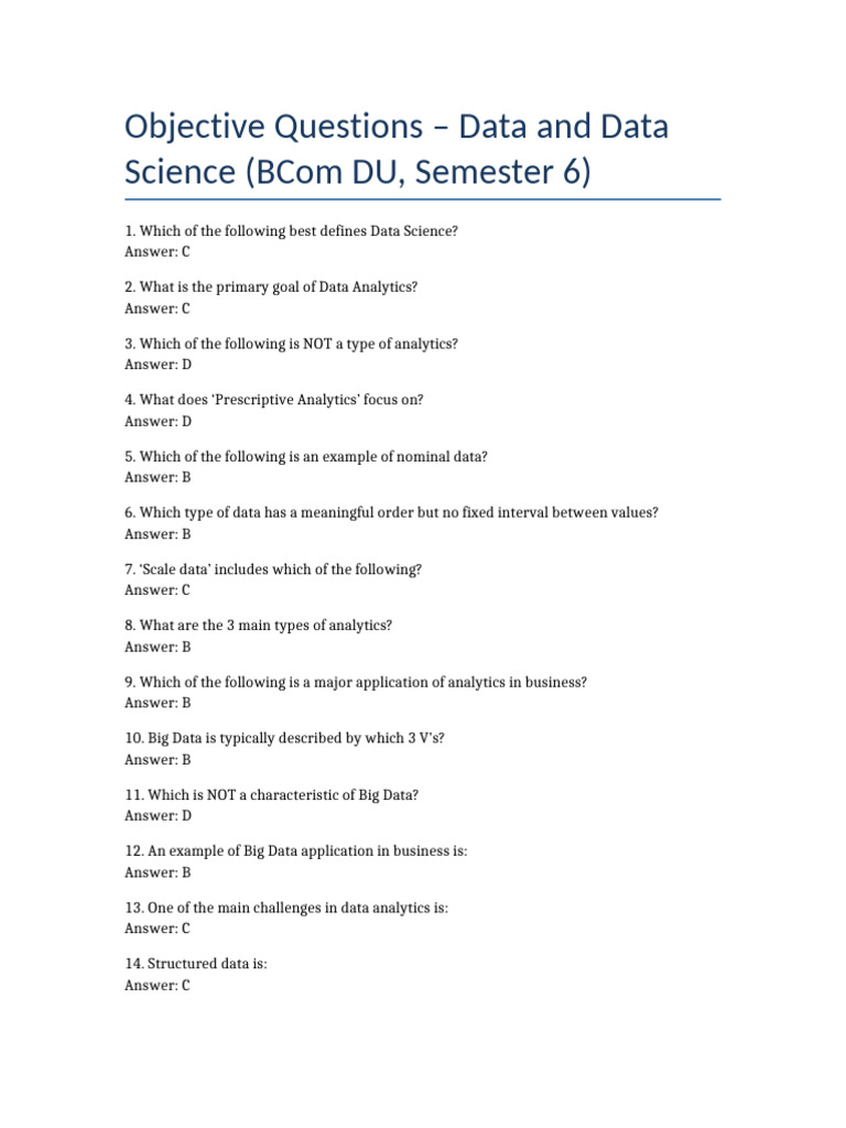Data and Data Science Objective Questions BCom DU Sem6 | PDF | Analytics | Big Data