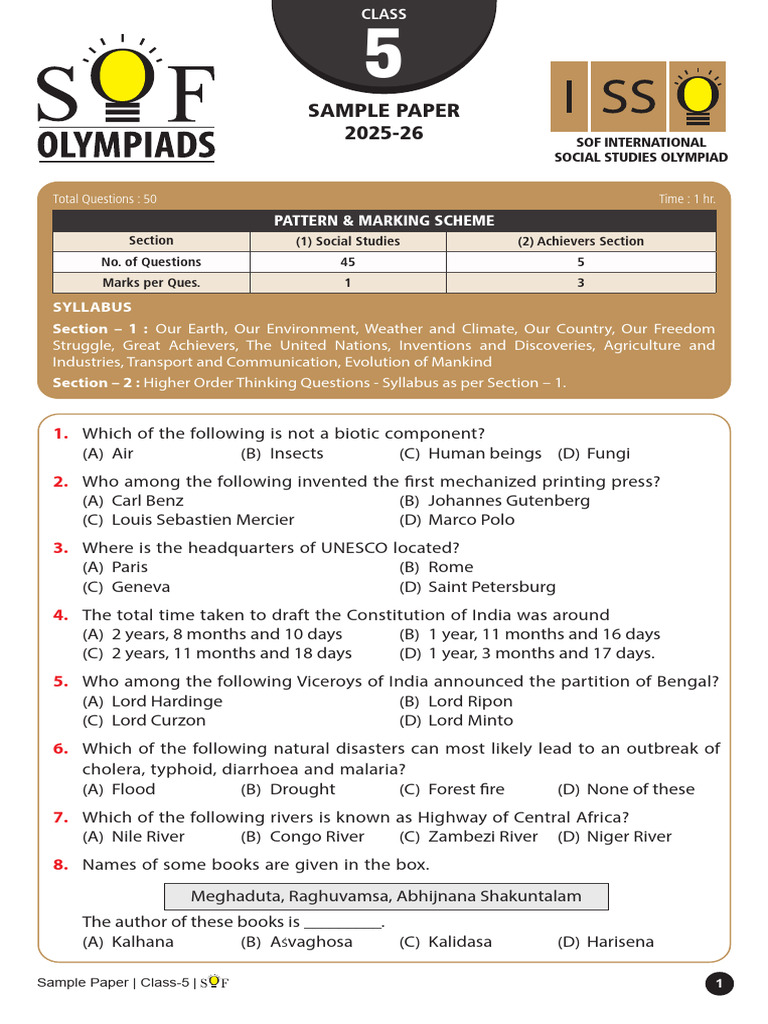 Isso Sample Paper Class-5 2025-26 | PDF