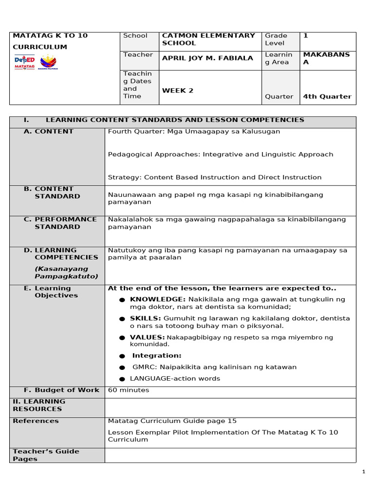 Makabansa-Cot-Lesson Exemplar-Week2 | PDF | Learning | Curriculum