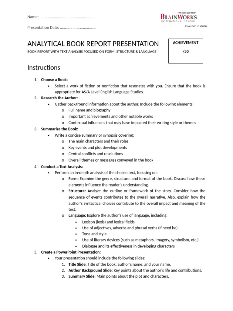 Analytical Book Report Presentation Instructions & Rubrics | PDF ...