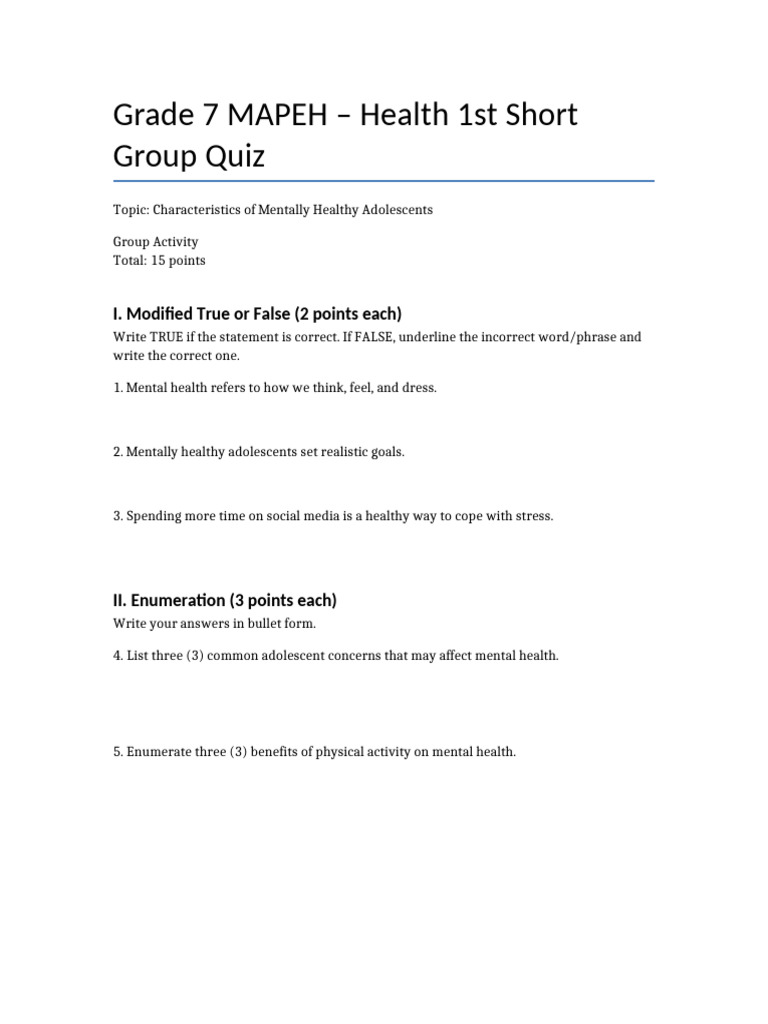 Grade 7 MAPEH Short Group Quiz With Answer Key | PDF