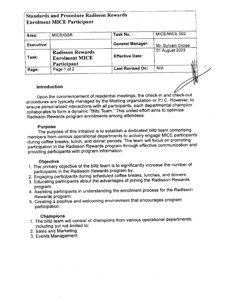 SOP - Radisson Reward Enrolment MICE Participants | PDF