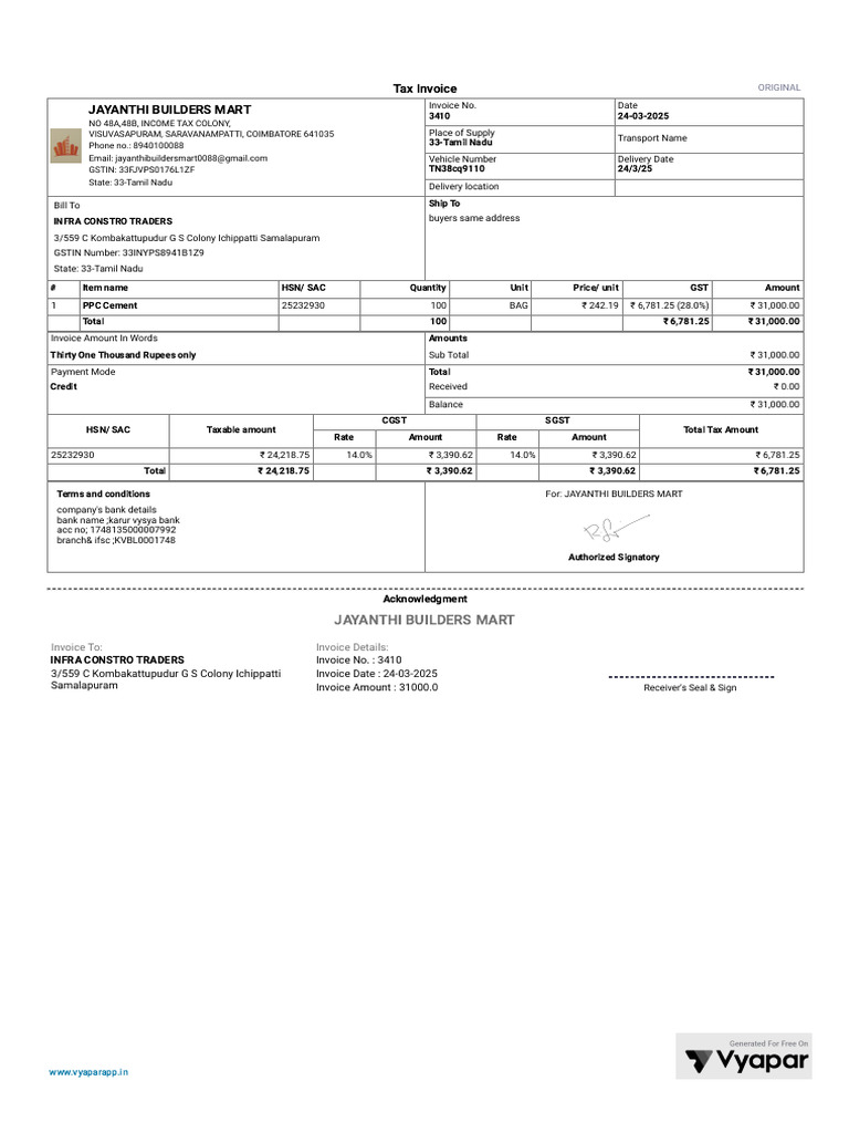 Invoice 3410: Jayanthi Builders Mart | PDF | Invoice | Government Finances