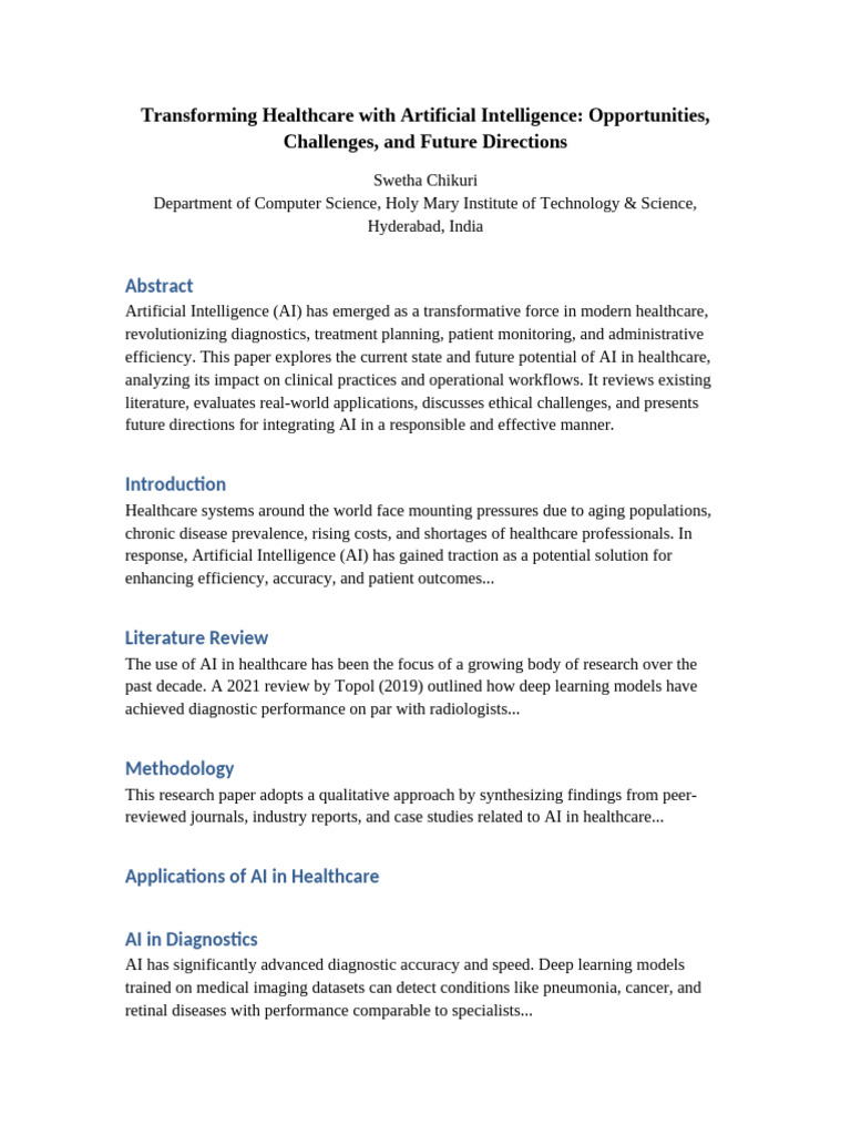 AI in Healthcare SpringerFormat Swetha Chikuri | PDF | Artificial ...