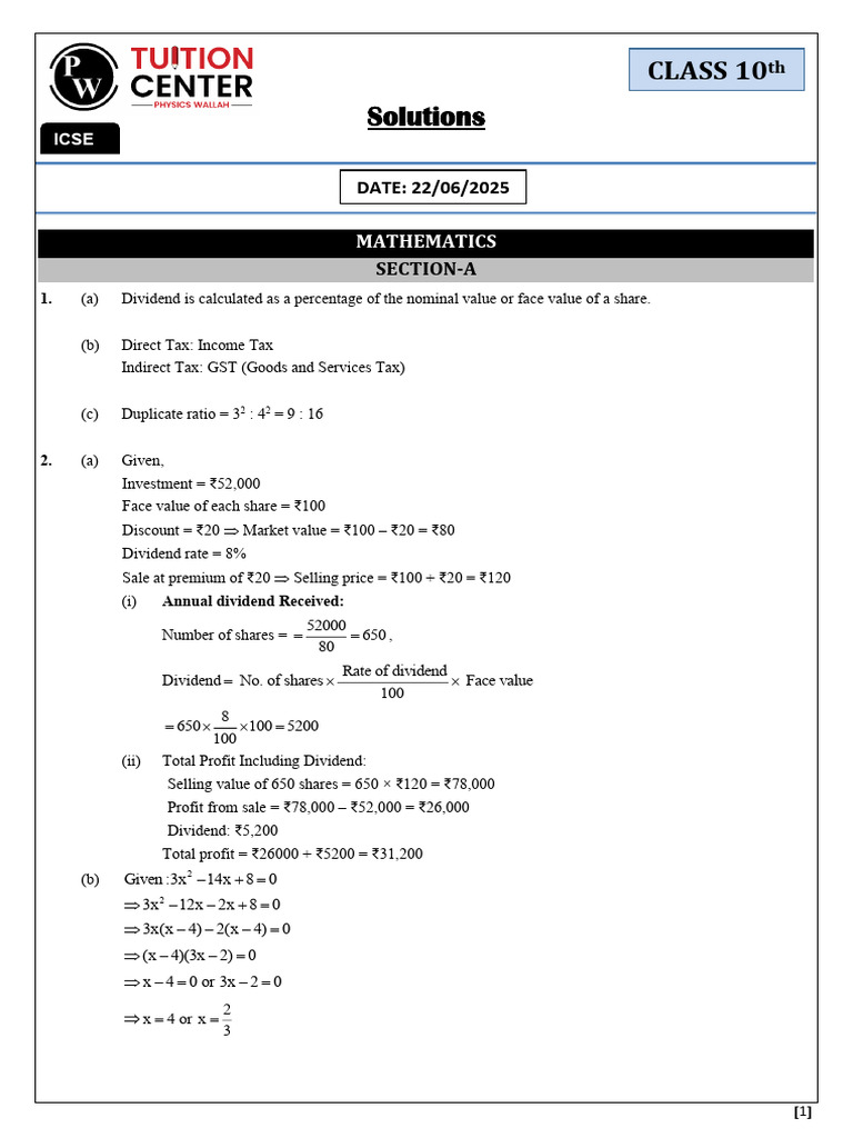 Mathematics Solutions Class 10th | PDF | Dividend | Taxes