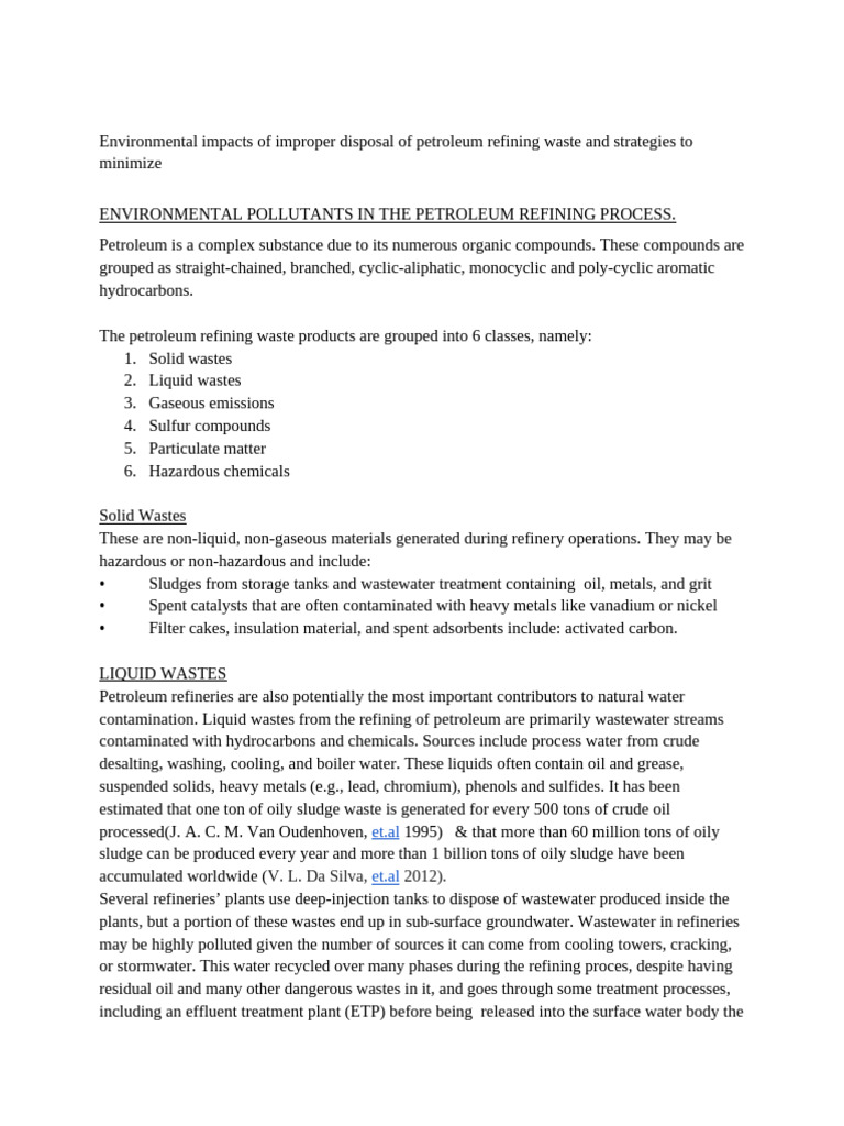 Environmental Impacts of Improper Disposal of Petroleum Refining Waste ...