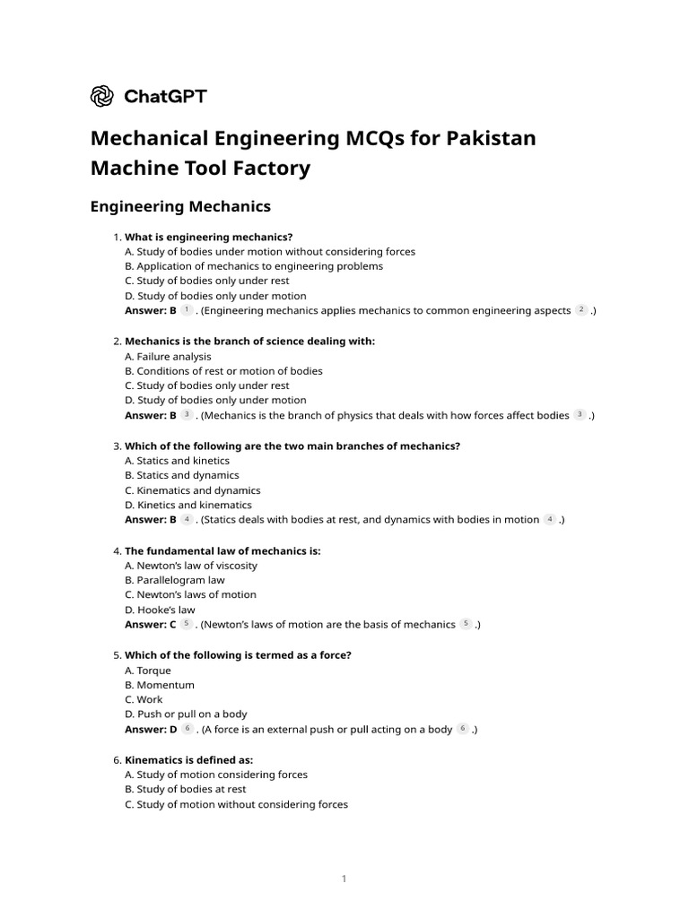 Mechanical Engineering MCQs For Pakistan Machine Tool Factory | PDF ...