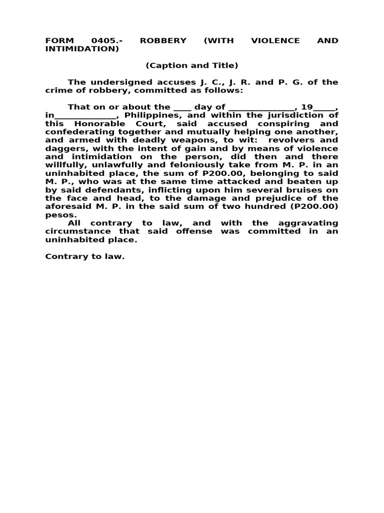 Form 0405 Robbery (With Violence and Intimidation) | PDF