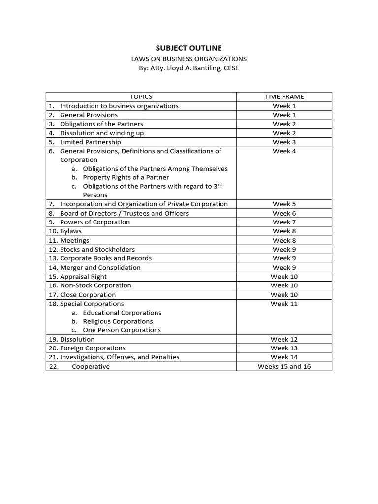 Subject Outline - Business Organization | PDF