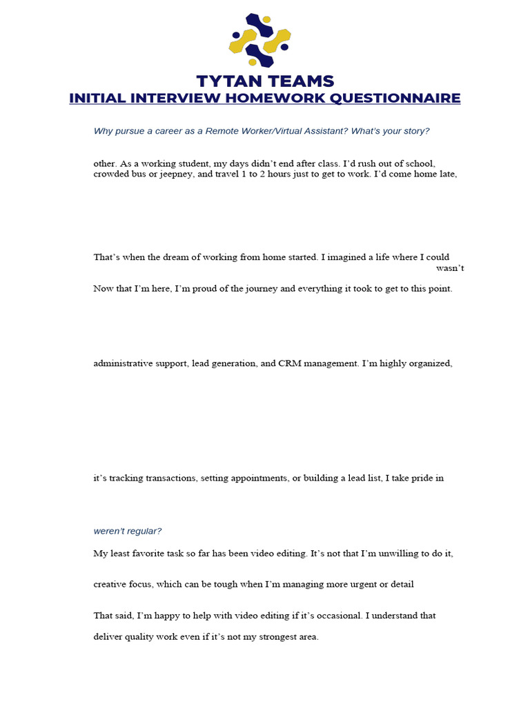 Initial Interview Homework Questionnaire | PDF | Internet