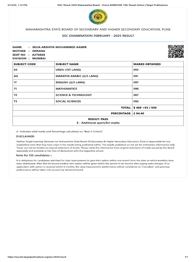 Arshiya SSC Result | PDF