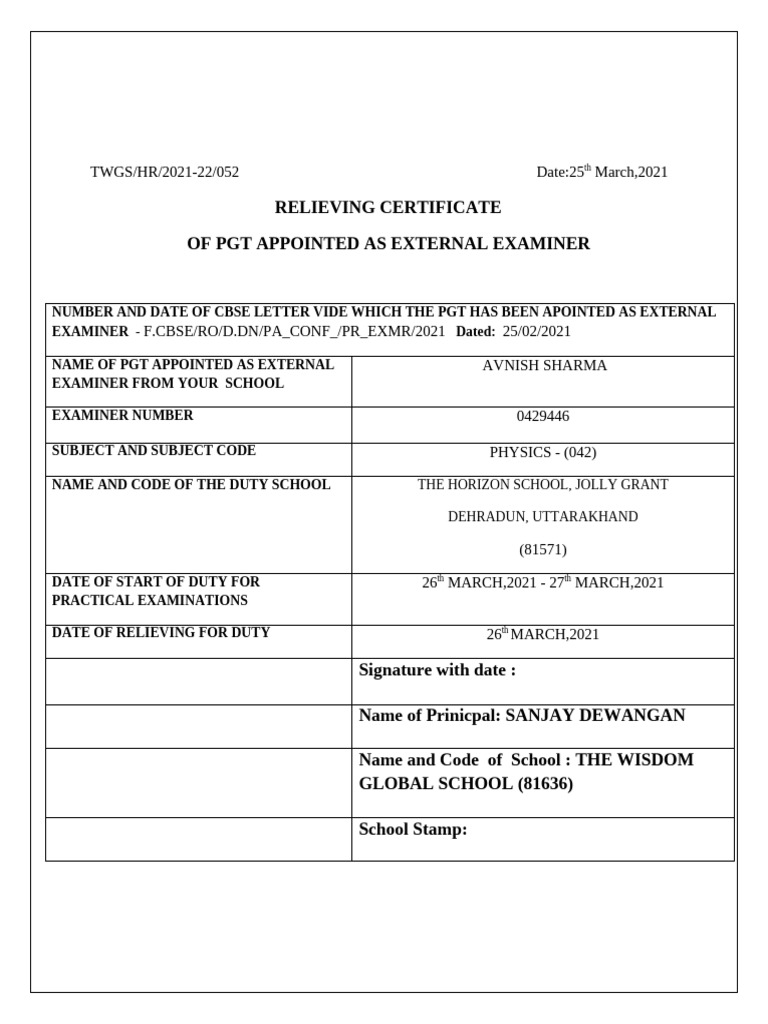 Relieving Certificate for External Examiner | PDF