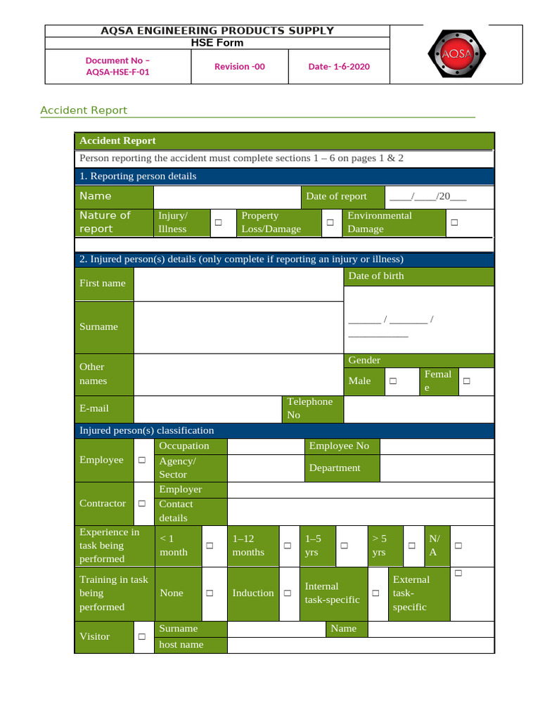 AQSA HSE Accident Report Form | PDF | Diseases And Disorders | Injury