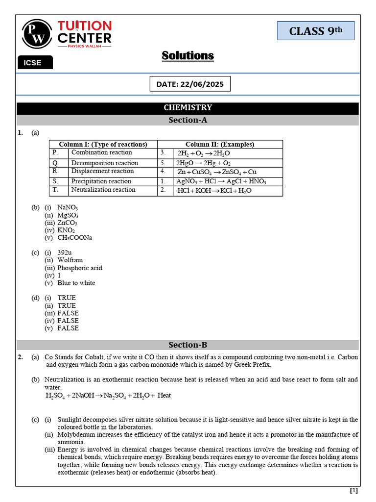 Chemistry Solution Class9th ICSE | PDF | Chemical Reactions | Hydroxide