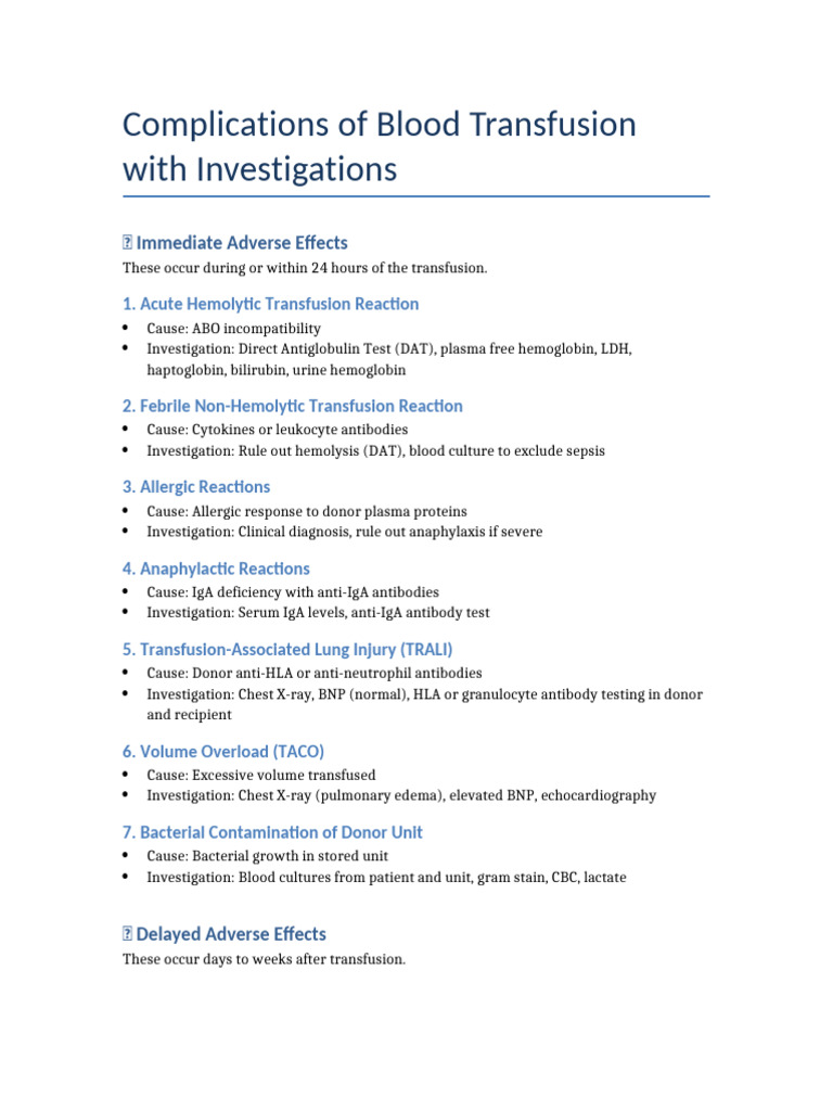 Blood Transfusion Complications and Investigations | PDF