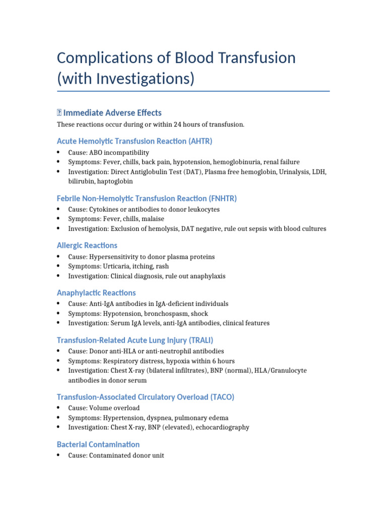 Complications of Blood Transfusion With Investigations | PDF | Blood ...