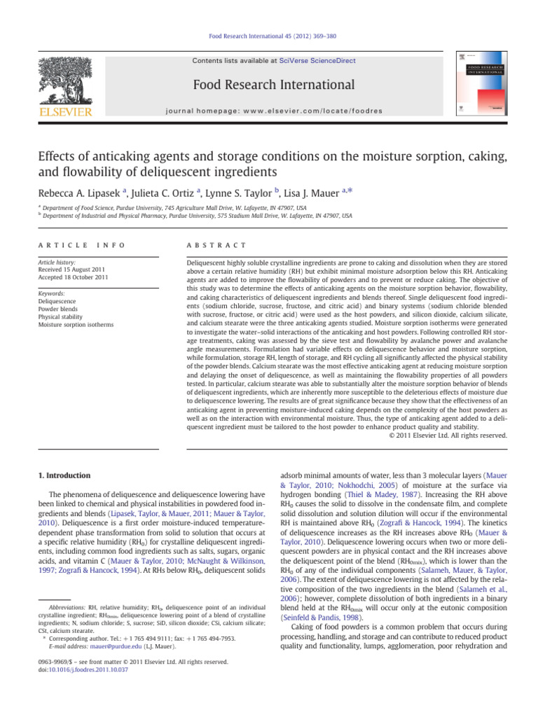 Effects of Anticaking Agents and Storage Conditions On The Moisture ...