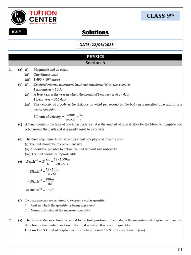 Physics Solutions Class 9th | PDF | Euclidean Vector | Velocity
